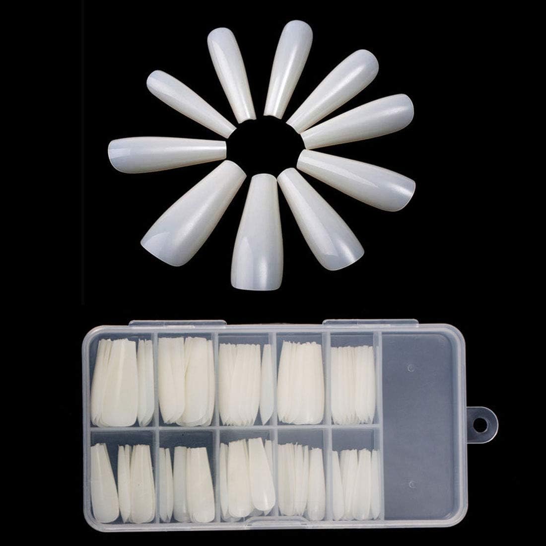 100PCS Natural Fake Nails 10 Sizes,Ballerina False Nails Long Coffin ...