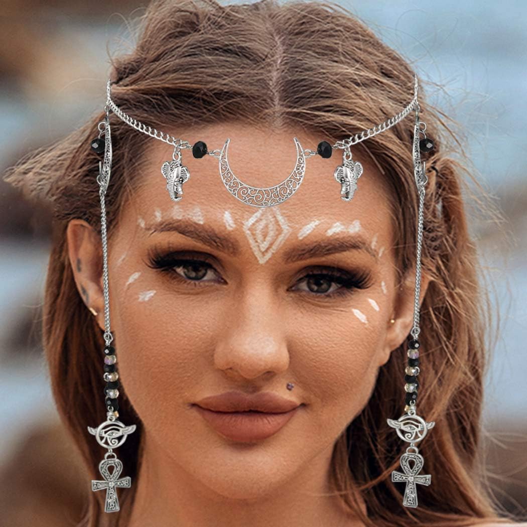 Amazon.com : Jovono Egyptian Head Chain Silver Moon Headpiece Beaded ...