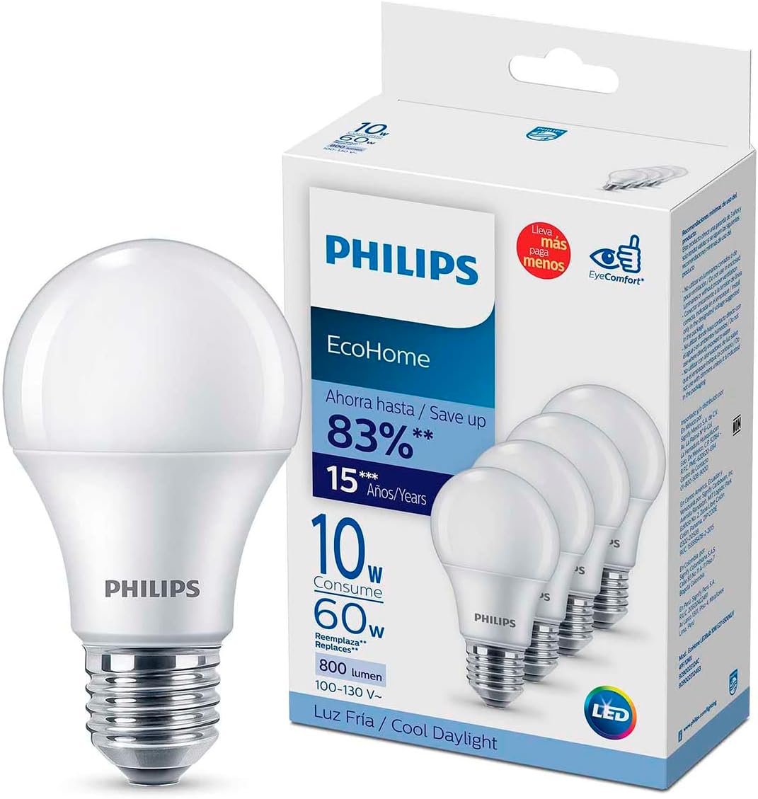 Philips LED Foco EcoHome 10W - Pack de 4 luz fría : Amazon.com.mx ...