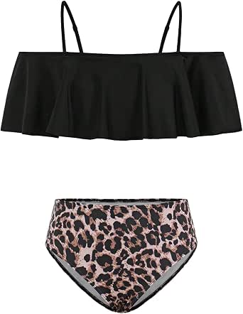 Amazon.com: BEAUDRM Girl's 2 Piece Swimsuit Cold Shoulder Ruffle Bikini ...