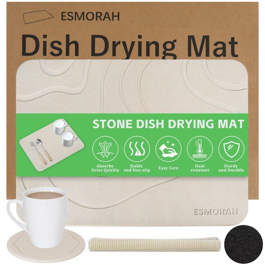 Stone Dish Drying Mat for Kitchen Counter with Absorbent Stone Coaster ...