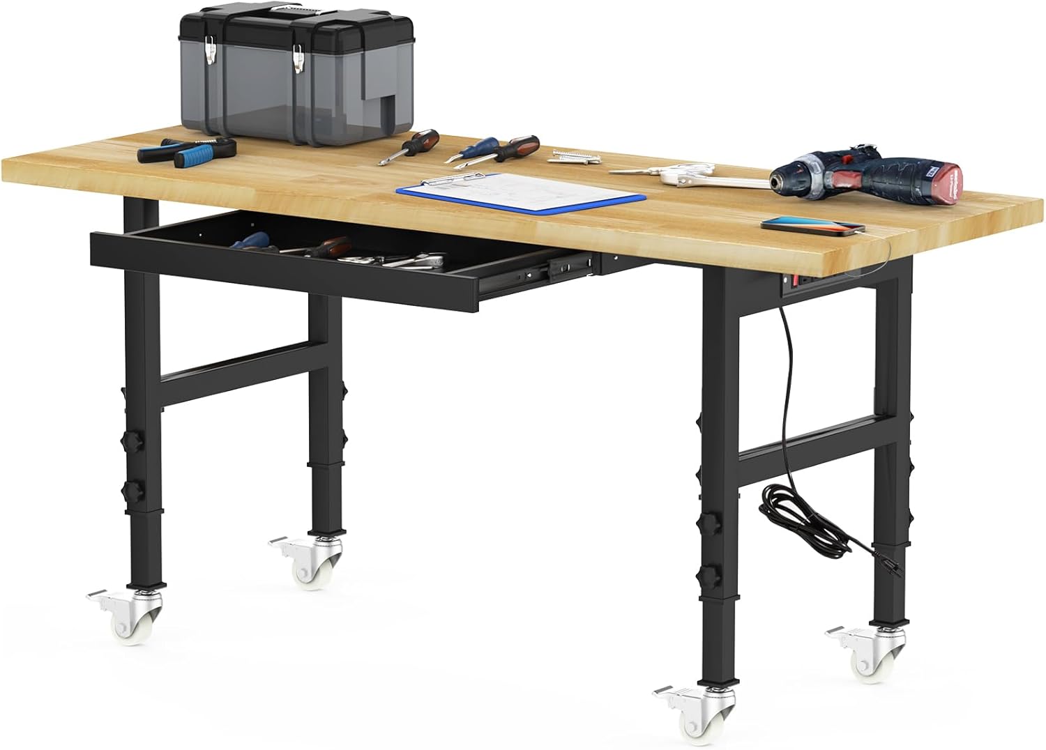Gornoxblif 60" Adjustable Workbench, Rubber Wood Work Bench Table with ...