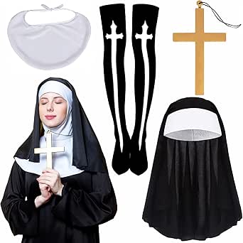 Amazon.com: Kuscul 4 Pieces Nun Costume Set, Nun Hat Nun Collar Cross ...