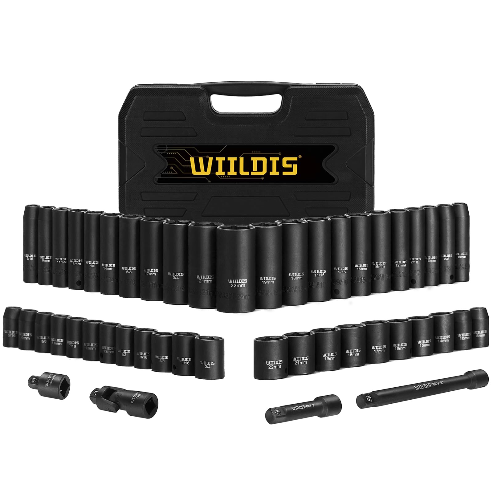 Snapklik.com : WIILDIS 3/8" Drive Impact Socket Set, 48-Piece Standard SAE