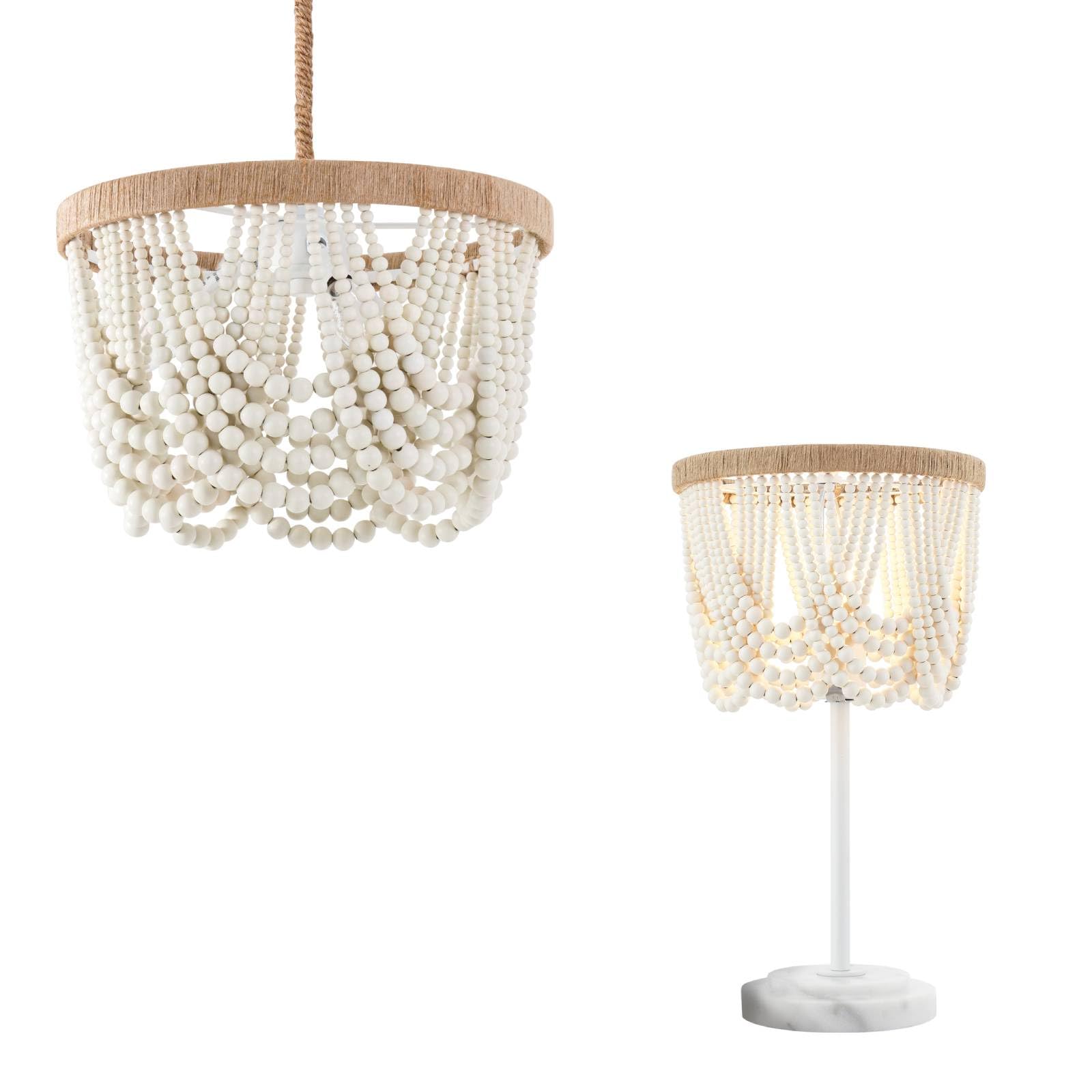 Wood Beaded Chandelier Pendant Light and Wood Beaded Table Lamps Combo ...