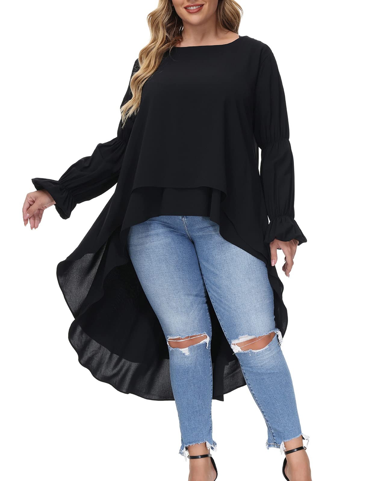 Hanna Nikole Women Plus Size High Low Tops Lantern Sleeve Asymmetrical ...