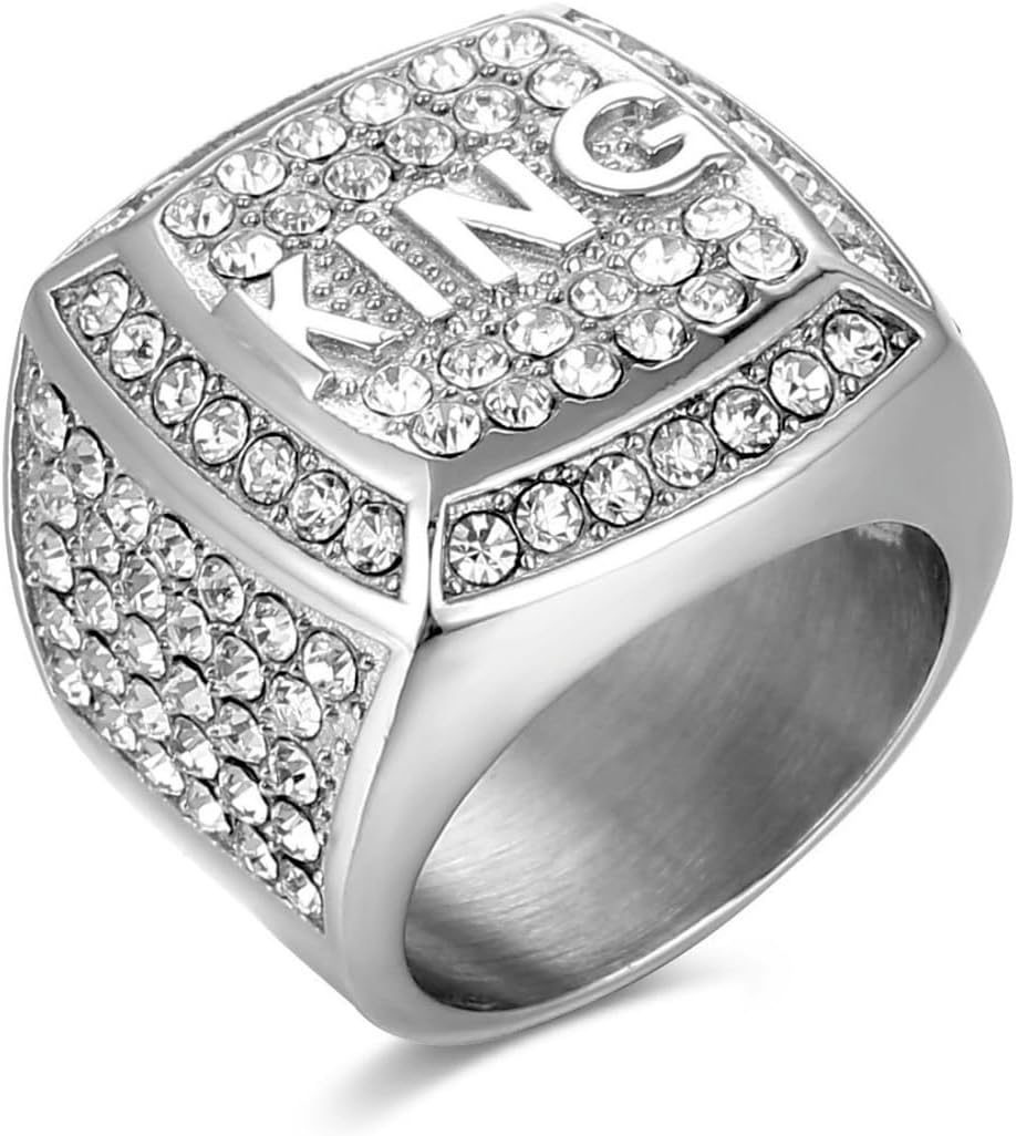 HETIMXIA Iced out KING Ring for men Smooth Square ring Hip Hop ring 316 ...