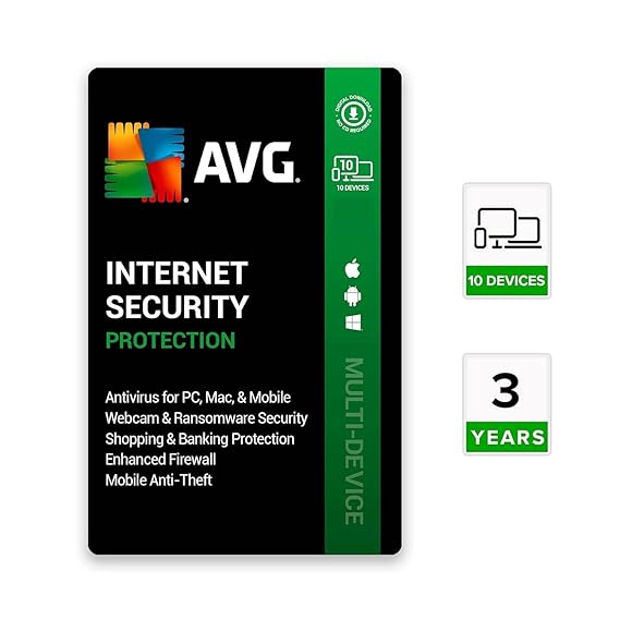 AVG Internet Security | 10 Devices 3 Years | Windows PC, Mac, Android ...