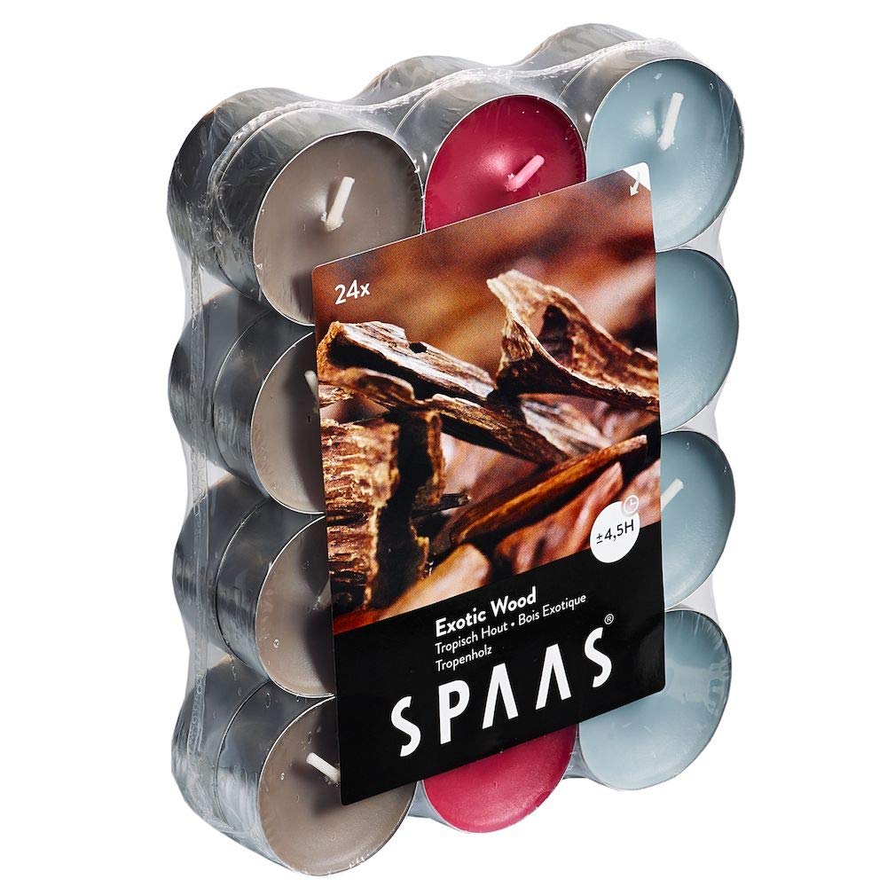 Spaas 24 Scented Tealights Assorted Colours, 4.5 Hours, Exotic Wood ...