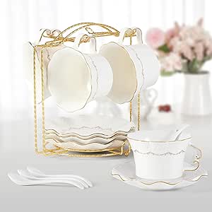 DUJUST Tea Cups and Saucers with Golden Trim,Set of 4 (7 OZ), Luxury Relief Printing Coffee Cups ...