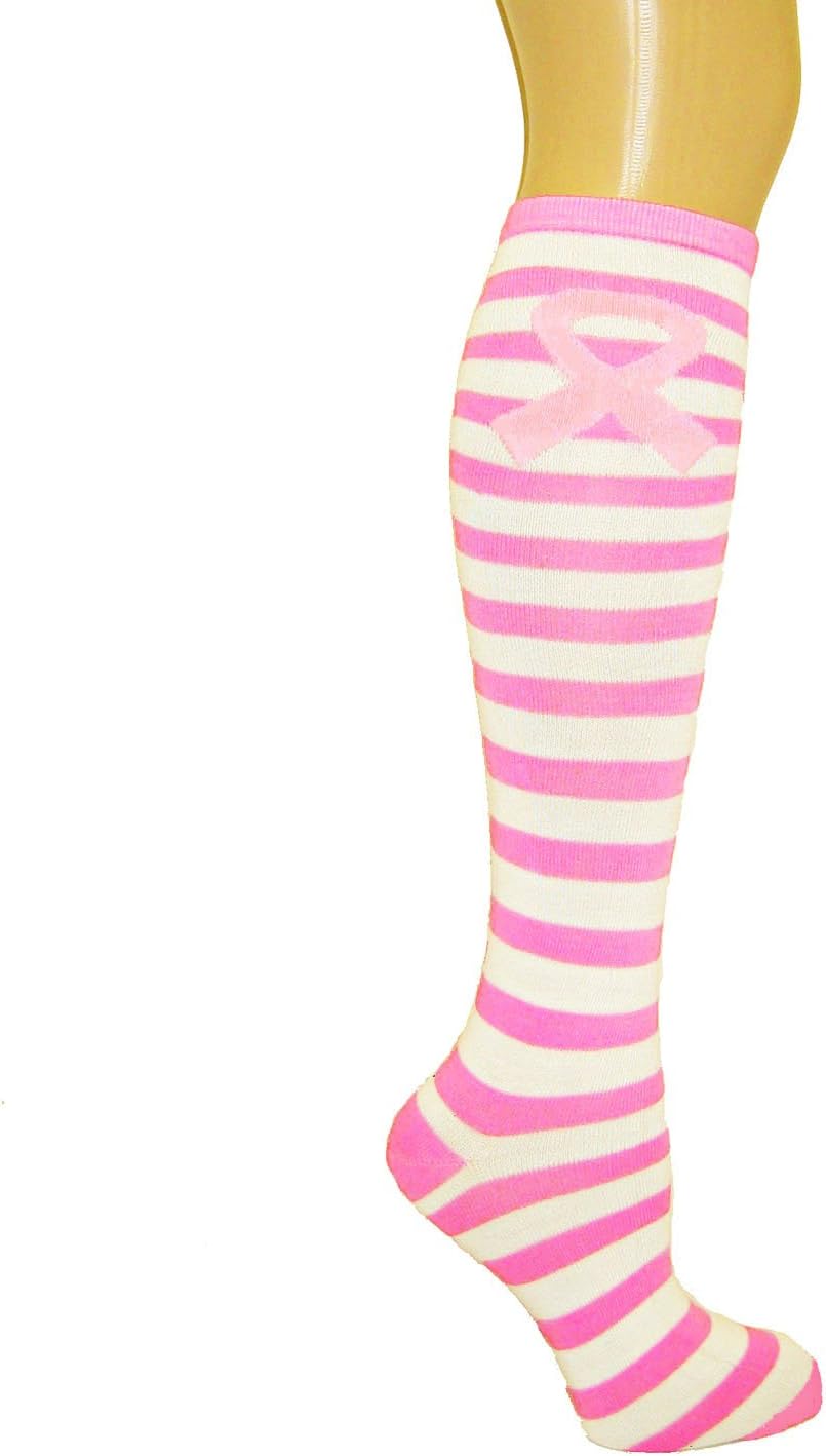 Amazon.com: Pink Ribbon Breast Cancer Awareness Knee High Socks Sports ...