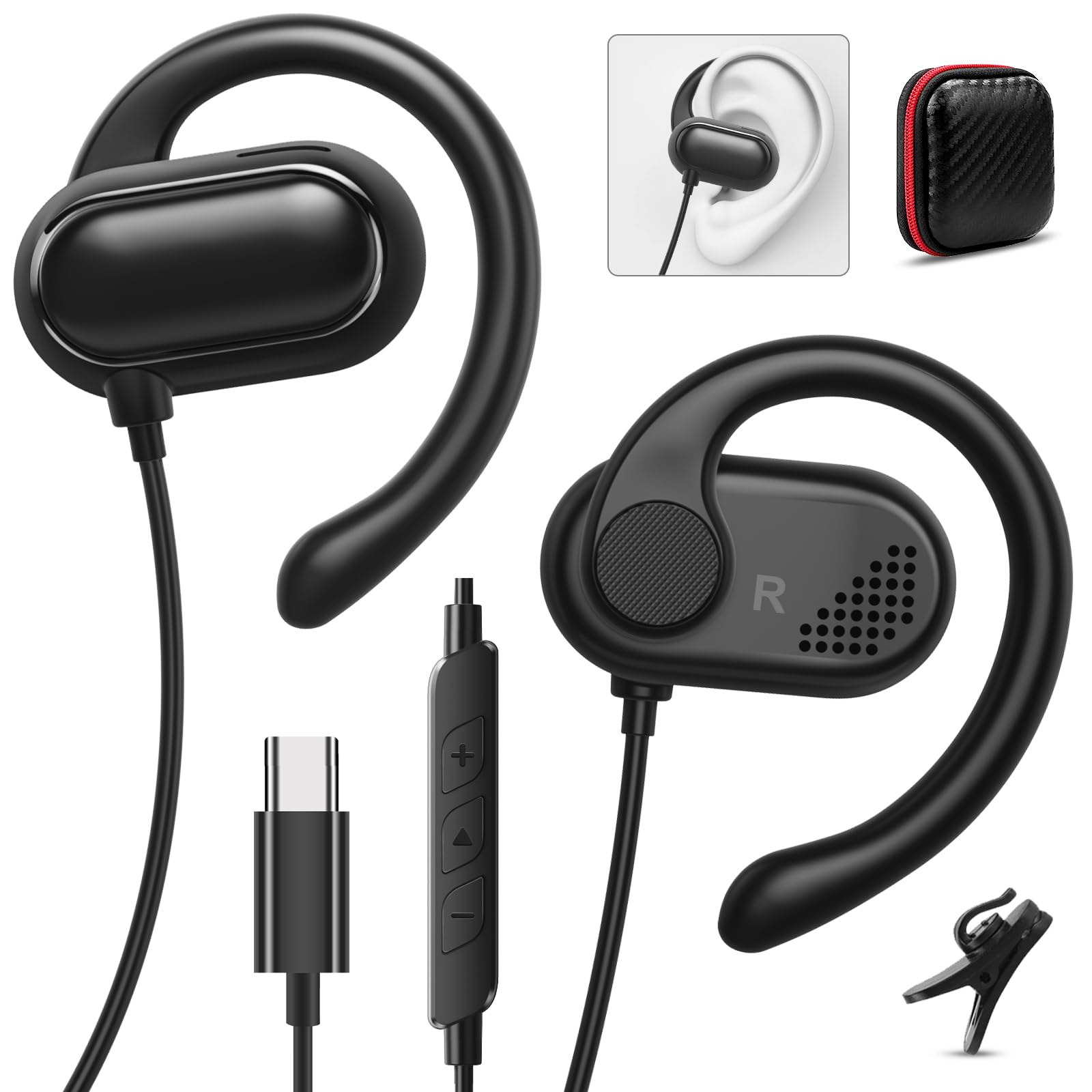 Auriculares Usb C Con Ganchos Para Auriculares Para Correr Y Control De
