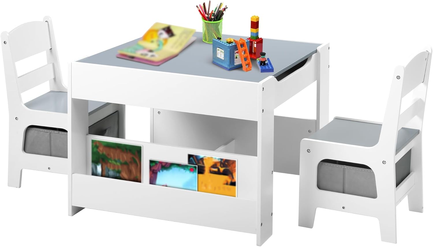 Amazon.com: Kinder King Kids Wood Table & 2 Chairs Set, 4 in 1 Children ...