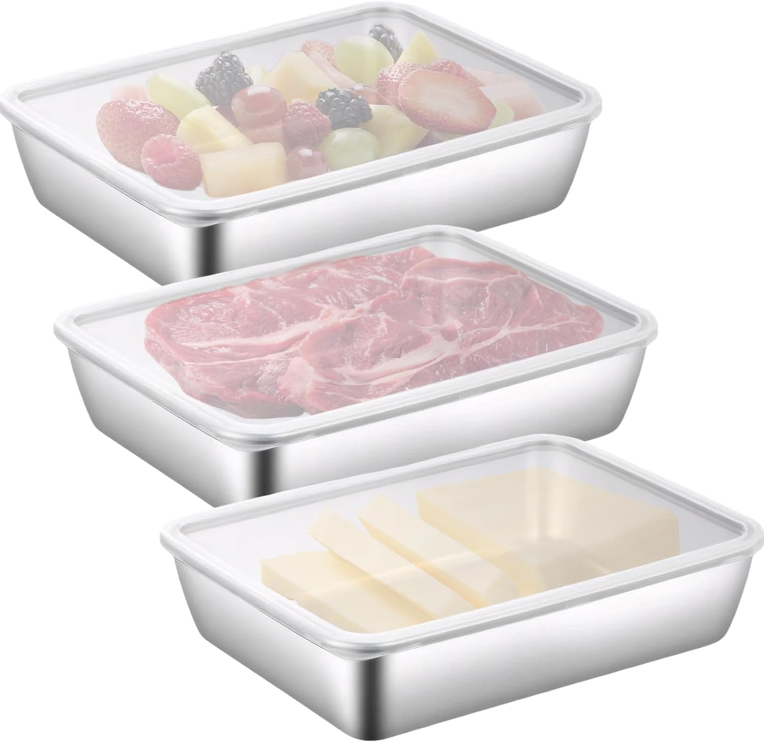 3 Pieces Stainless Steel Crisper Box, Refrigerator Crisper Food Storage ...