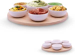 Amazon.com: Rotating Bamboo Serving Tray with 6 Small Ceramic Condiment ...