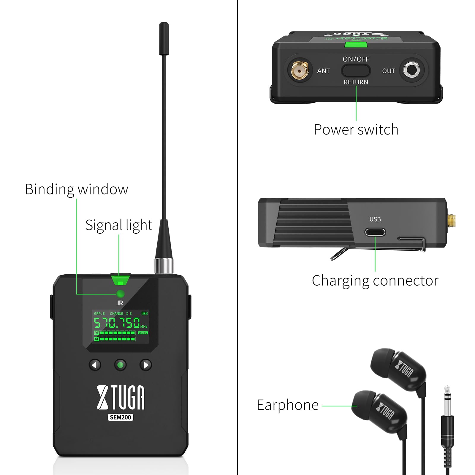 XTUGA SEM200 2 Channel Stereo Wireless in Ear Monitor System 2 Rechargeable Bodypacks UHF Stage ...