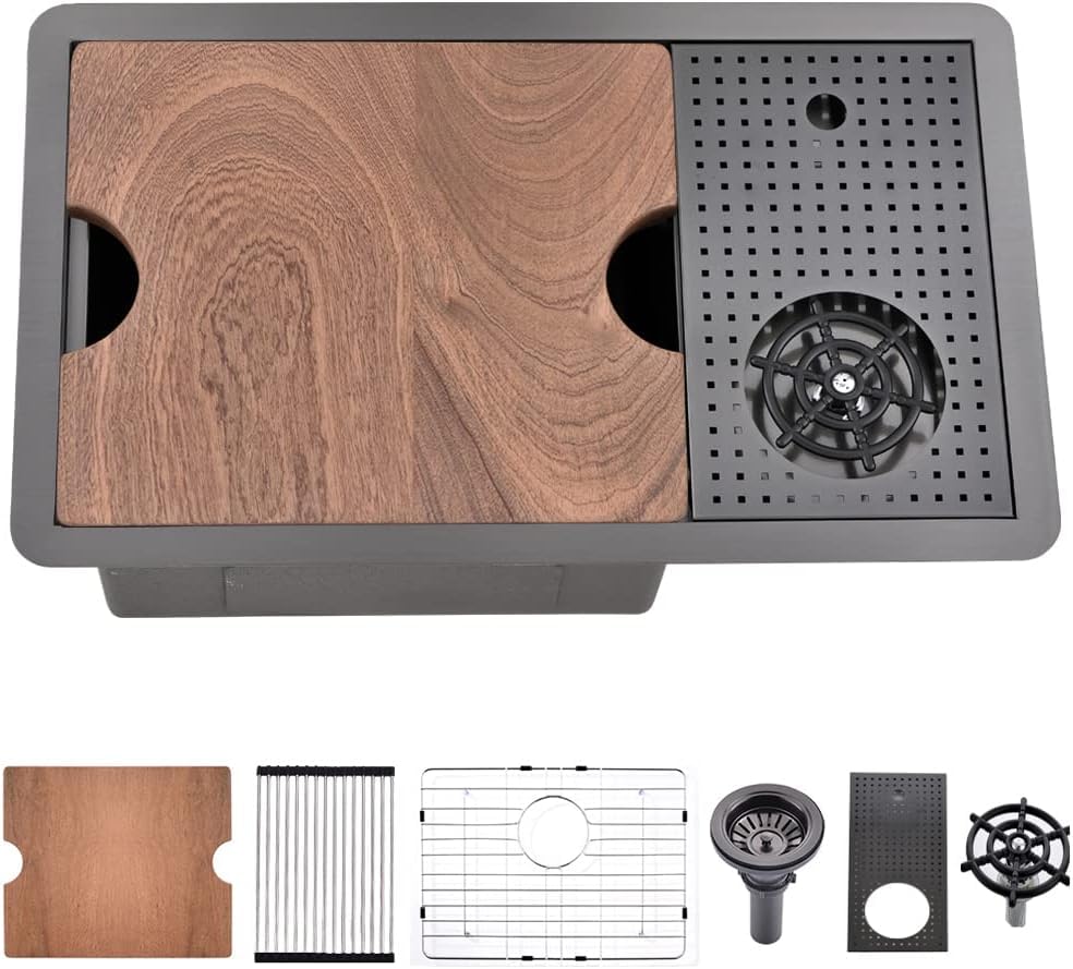 24 Inch Nano Gray Undermount Bar Sink with Glass Rinser 24x14 Stainless ...