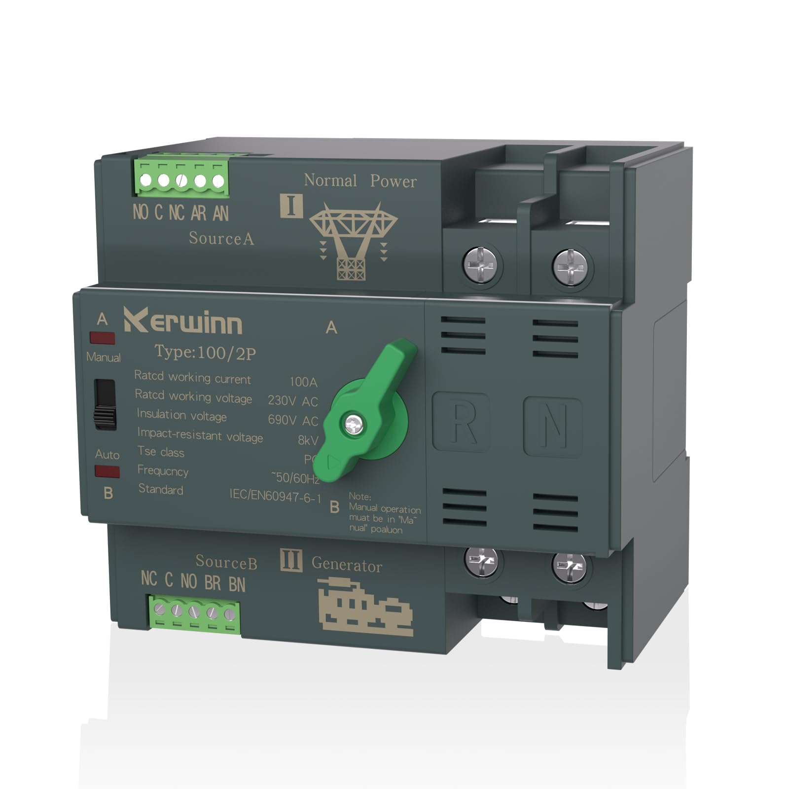 KERWINN Mini ATS Automatic Transfer Switch 100 amp Manual Transfer ...