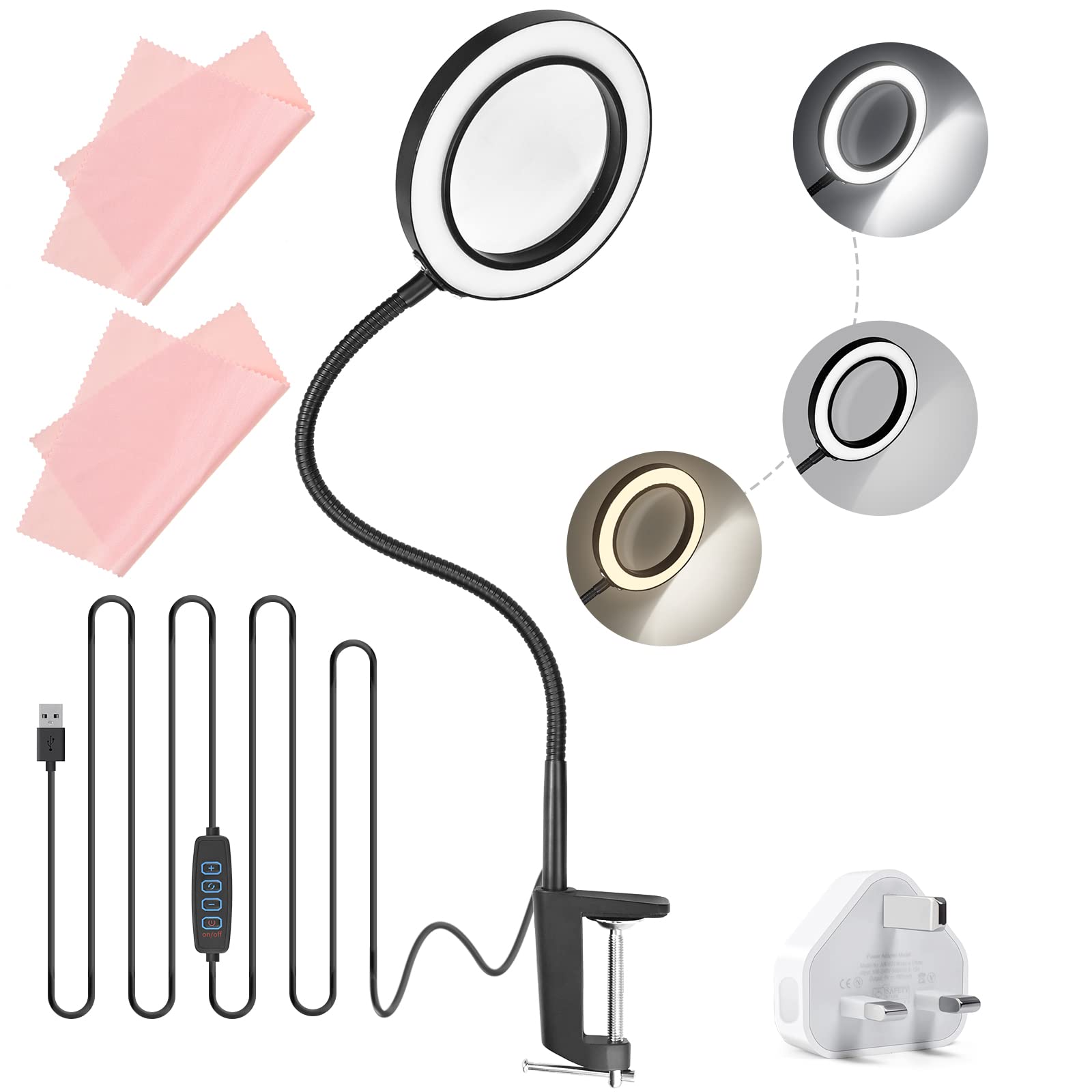 5X Daylight LED Magnifying Lamp, Clamp Magnifying Glass with Light and ...