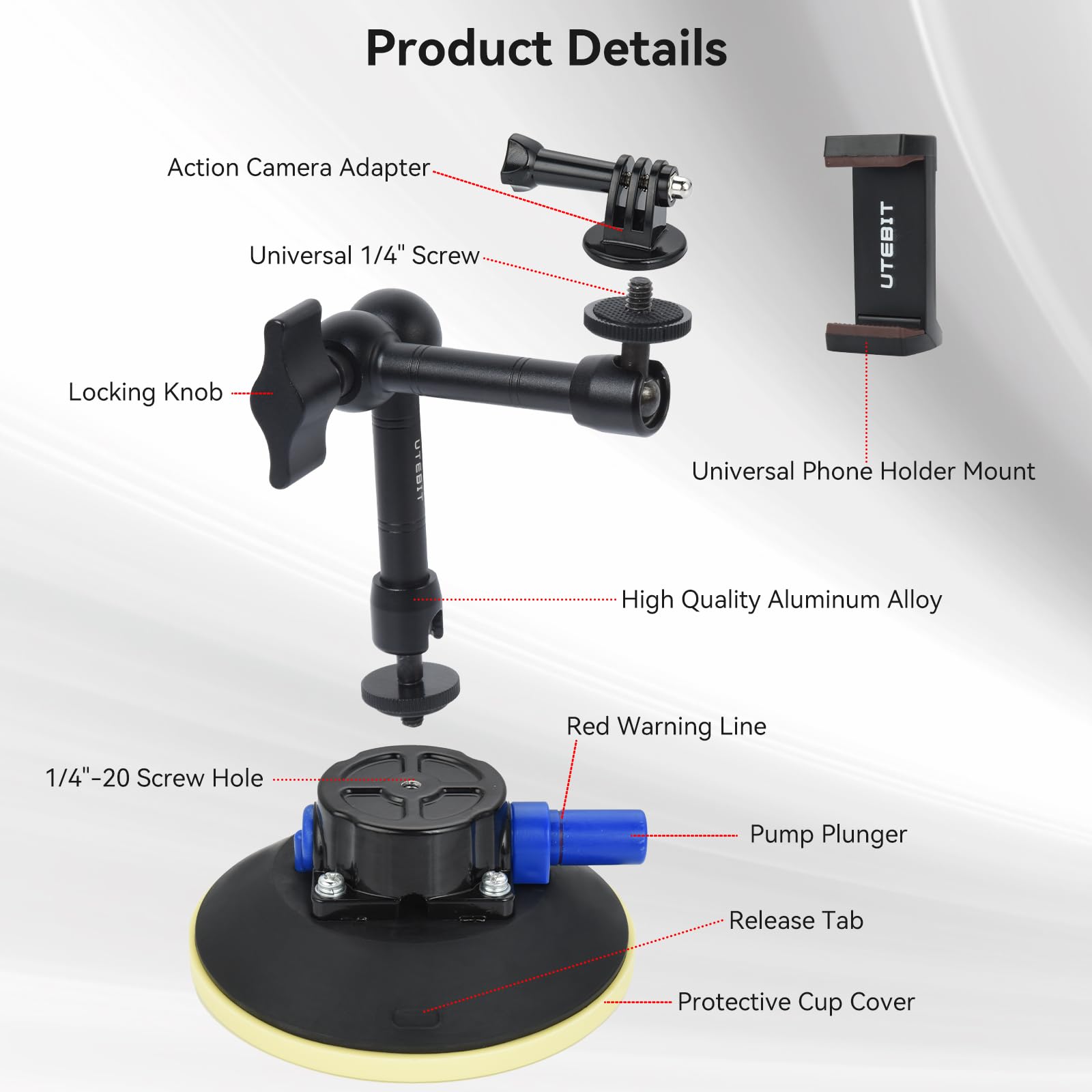 Heavy Duty Suction Cup – 4.5” Vacuum Pump, Metal Magic Arm, Holds 5KG ...