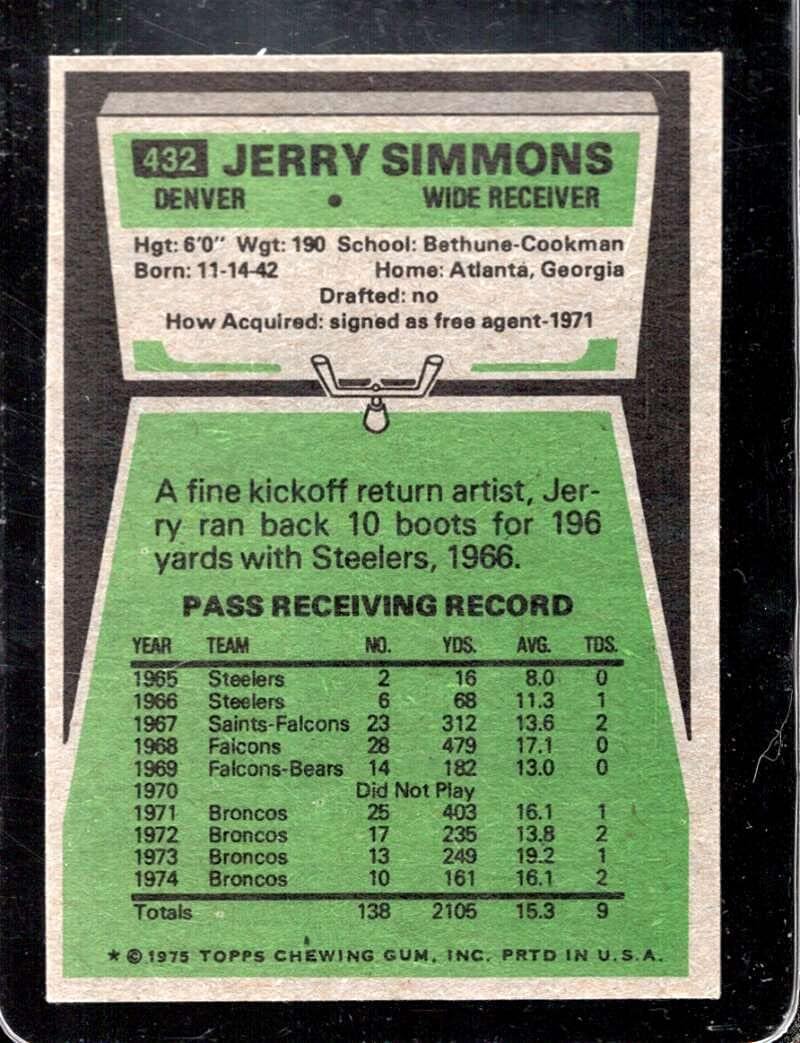 1975 TOPPS #432 JERRY SIMMONS EXMT BRONCOS – Yaxa Colombia
