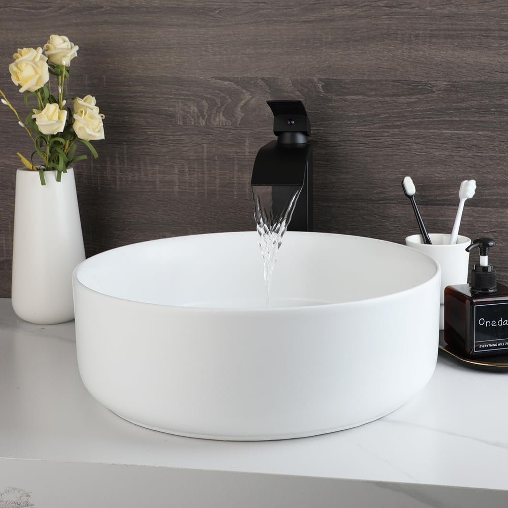 Siypaiya Bathroom Sink,White Ceramic Vessel Sink with Waterfall Faucet ...
