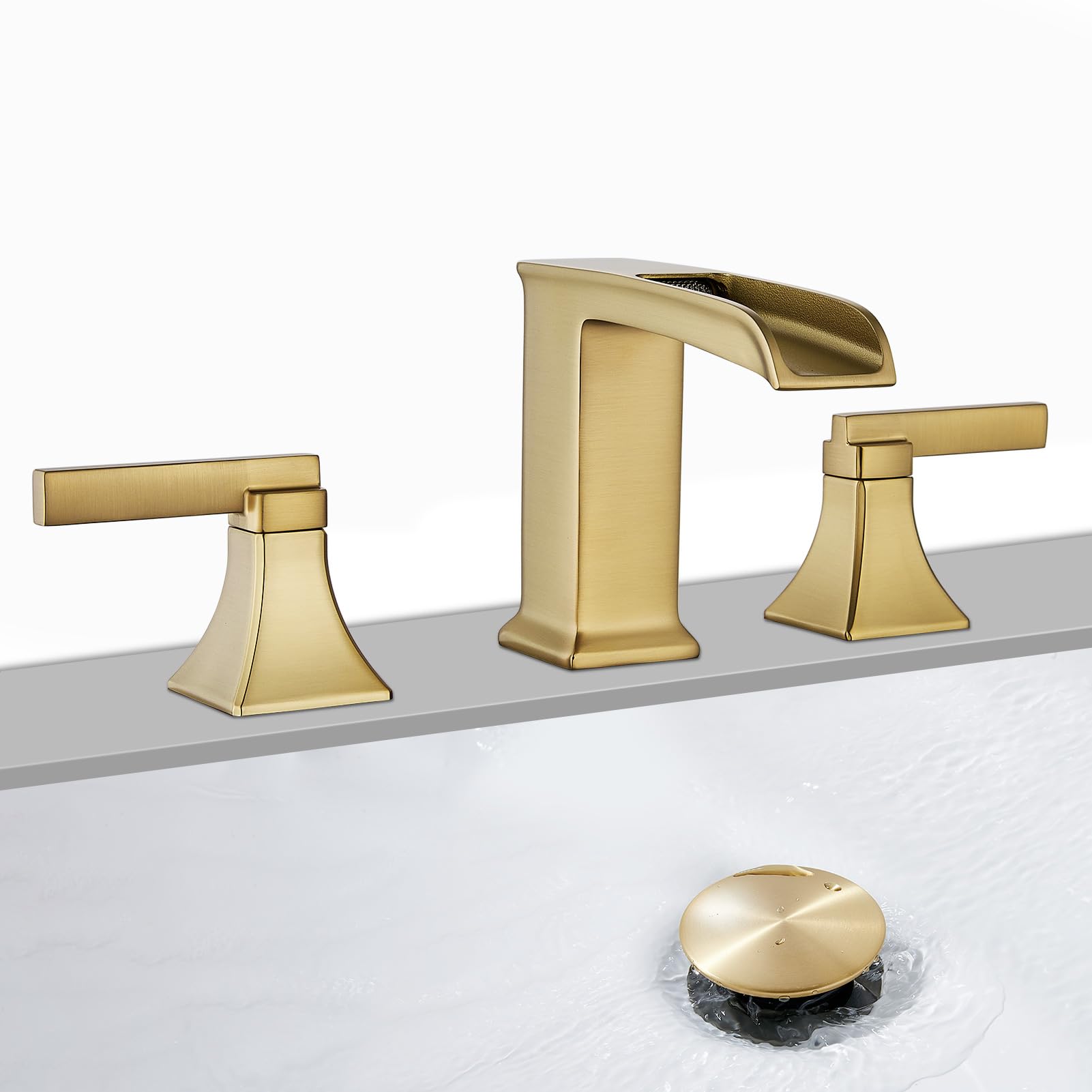 Widespread Bathroom Faucet 3 Hole, Sanliv Brushed Gold Waterfall ...
