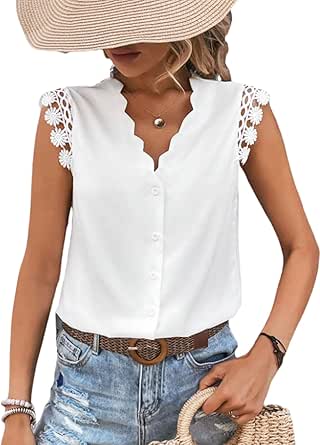 CUPSHE Women Tops Lace Trim Tank Top V Neck Tee Button Front Sleeveless ...