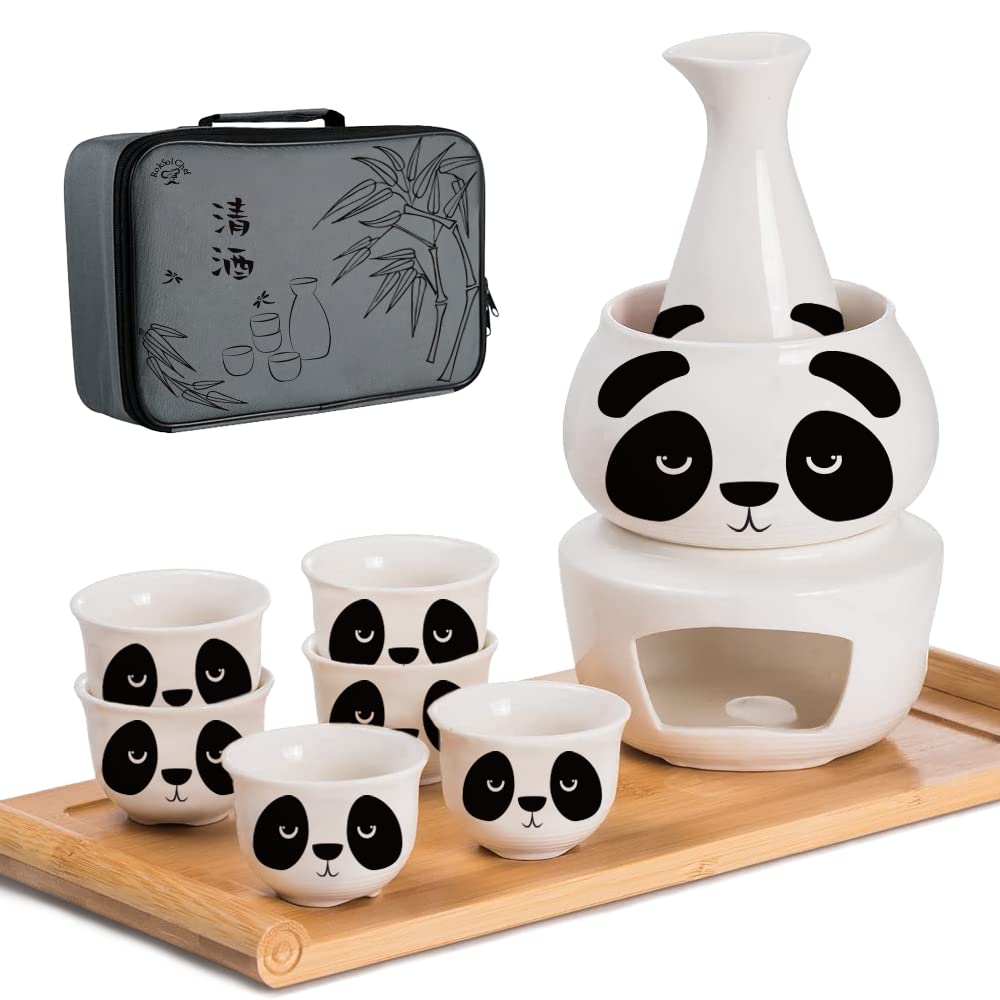 RokSol Chef Ceramic Sake Cups with Warmer Pot Bamboo Tray, Traditional ...