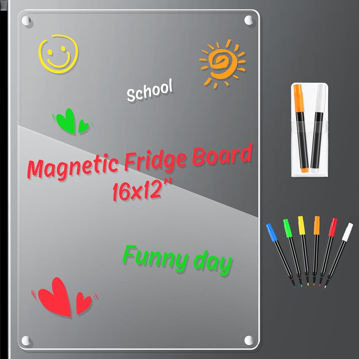 Magnetic Acrylic Dry Erase Board for Fridge w/ 8 Markers & Magnetic Pen ...
