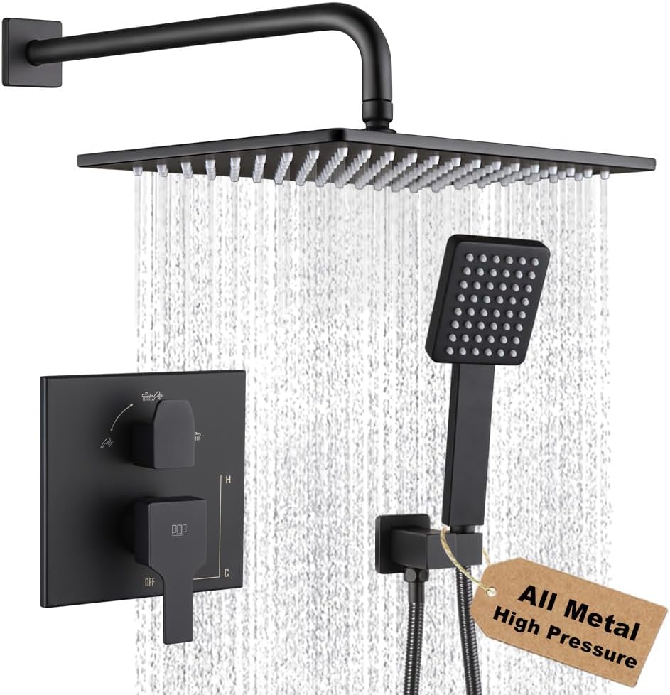 Fekivasy Matte Black Shower Faucet Set - 6 Inch Black Shower Head and Handle Set, Wall Mount ...