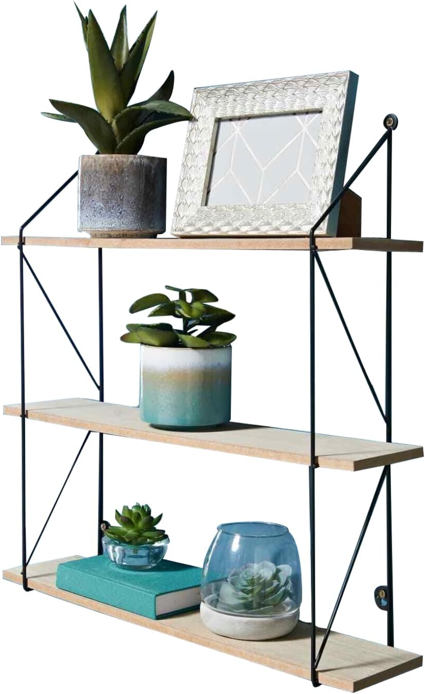 Rectangular Black Wall Unit with Shelves Metal and Wood Industrial ...