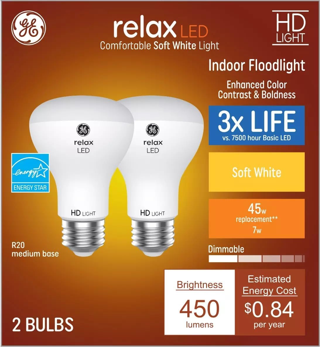 GE Relax 2-Pack 45 W Equivalent Dimmable Soft White R20 LED Light ...
