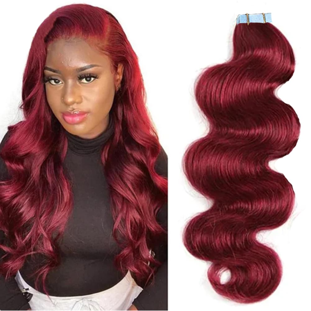 Amazon.com : Tape in Hair Extensions Human Hair 99j Burgundy Body Wave ...