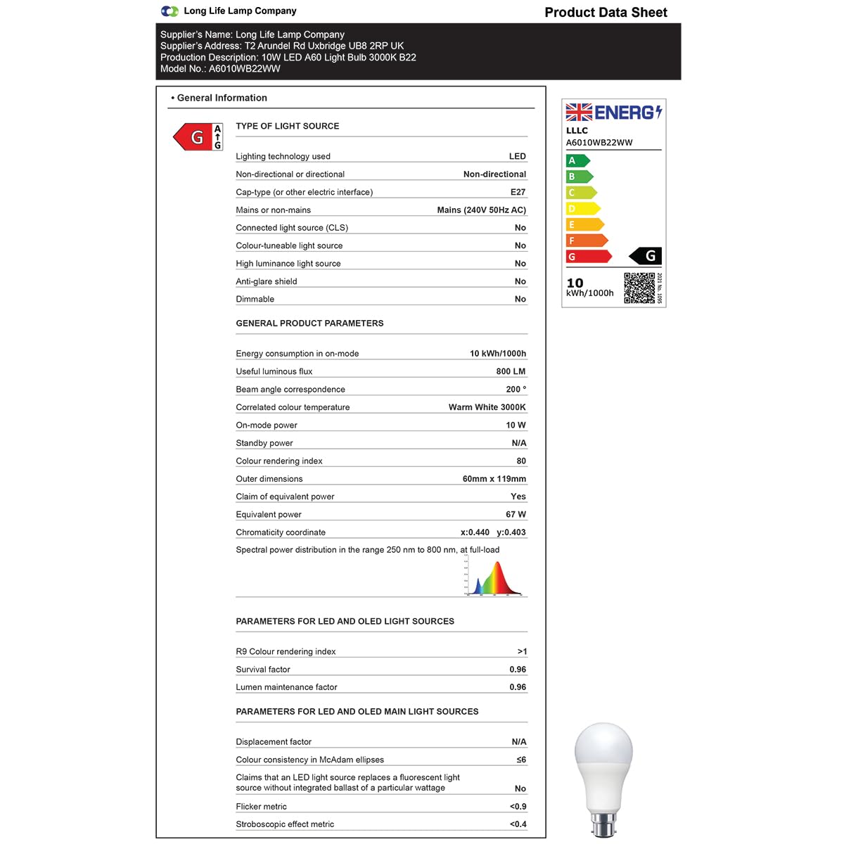 Long Life Lamp Company 3 Pack 10w GLS LED Light Bulb Cool White B22 ...