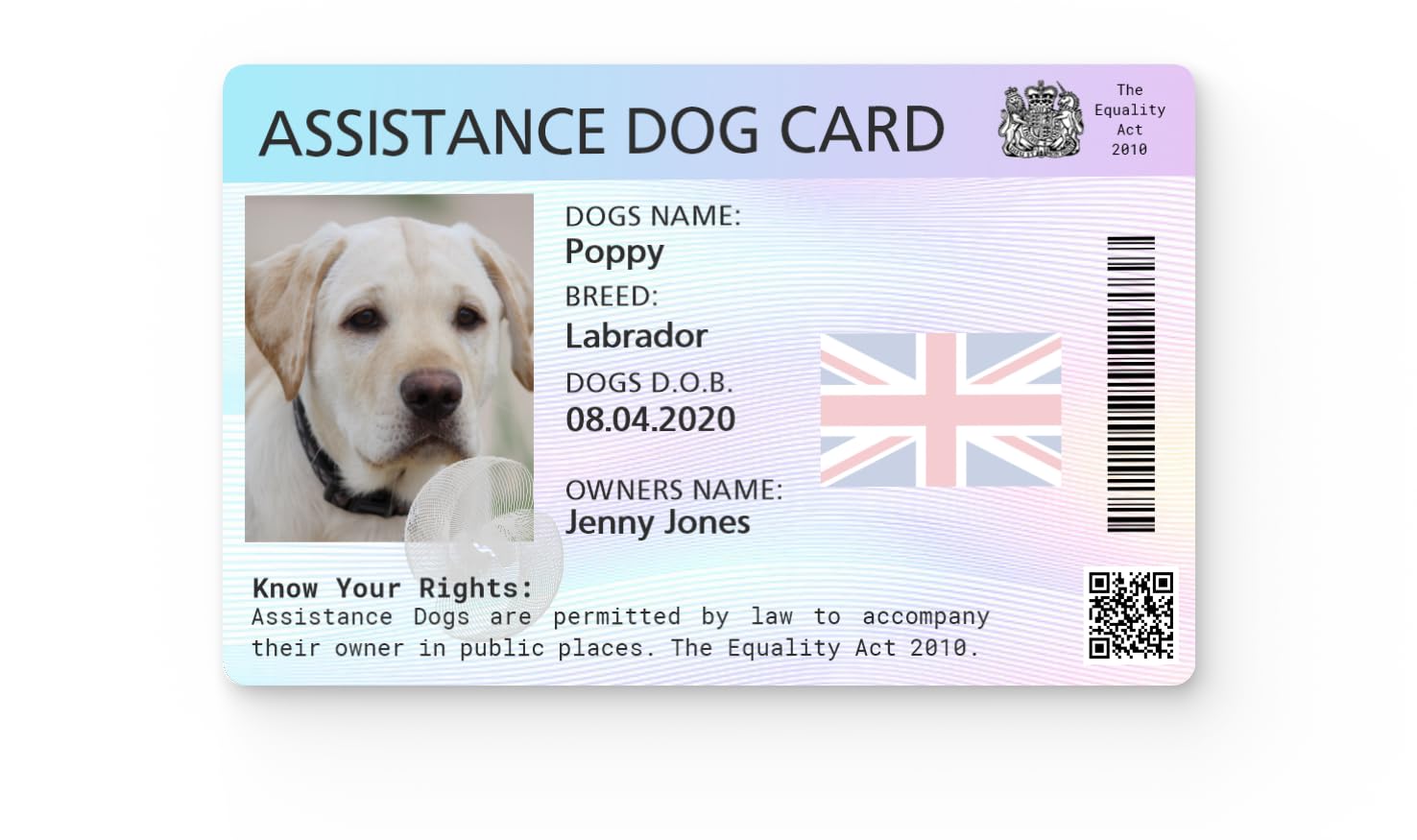Disability Support Dog ID Card, Assistance Dog Identification Card ...