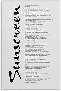 Amazon.com: Sunscreen Song Lyrics Poster Print Canvas Art Poster and ...