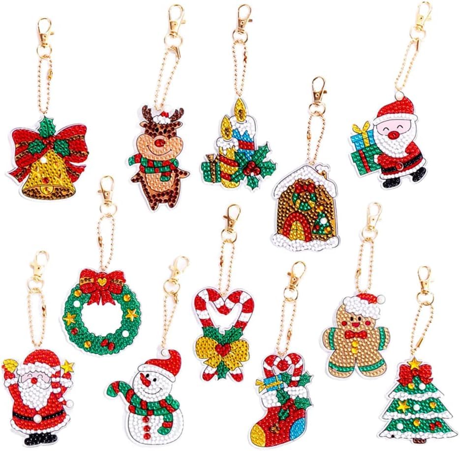 12 Pieces Christmas Diamond Painting Keychain Kits,5D Full Drill DIY ...