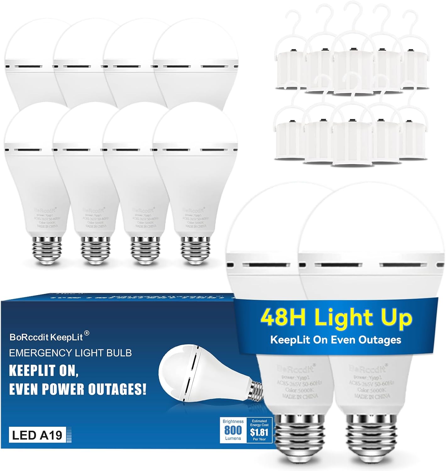 BoRccdit KeepLit 10PK Emergency Rechargeable Light Bulbs, 48H Battery ...