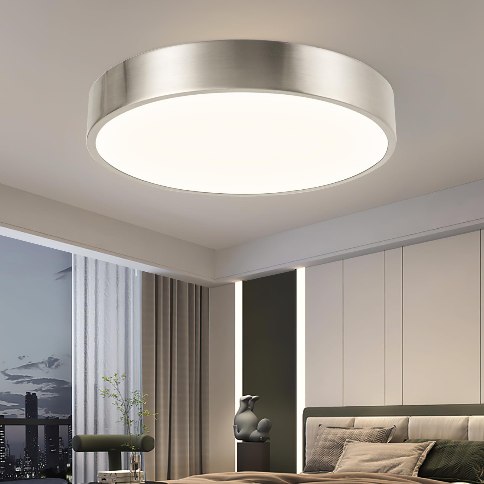 Hikaproligt 13inch Modern Nickel Led Flush Mount Ceiling Light| 26W Low ...