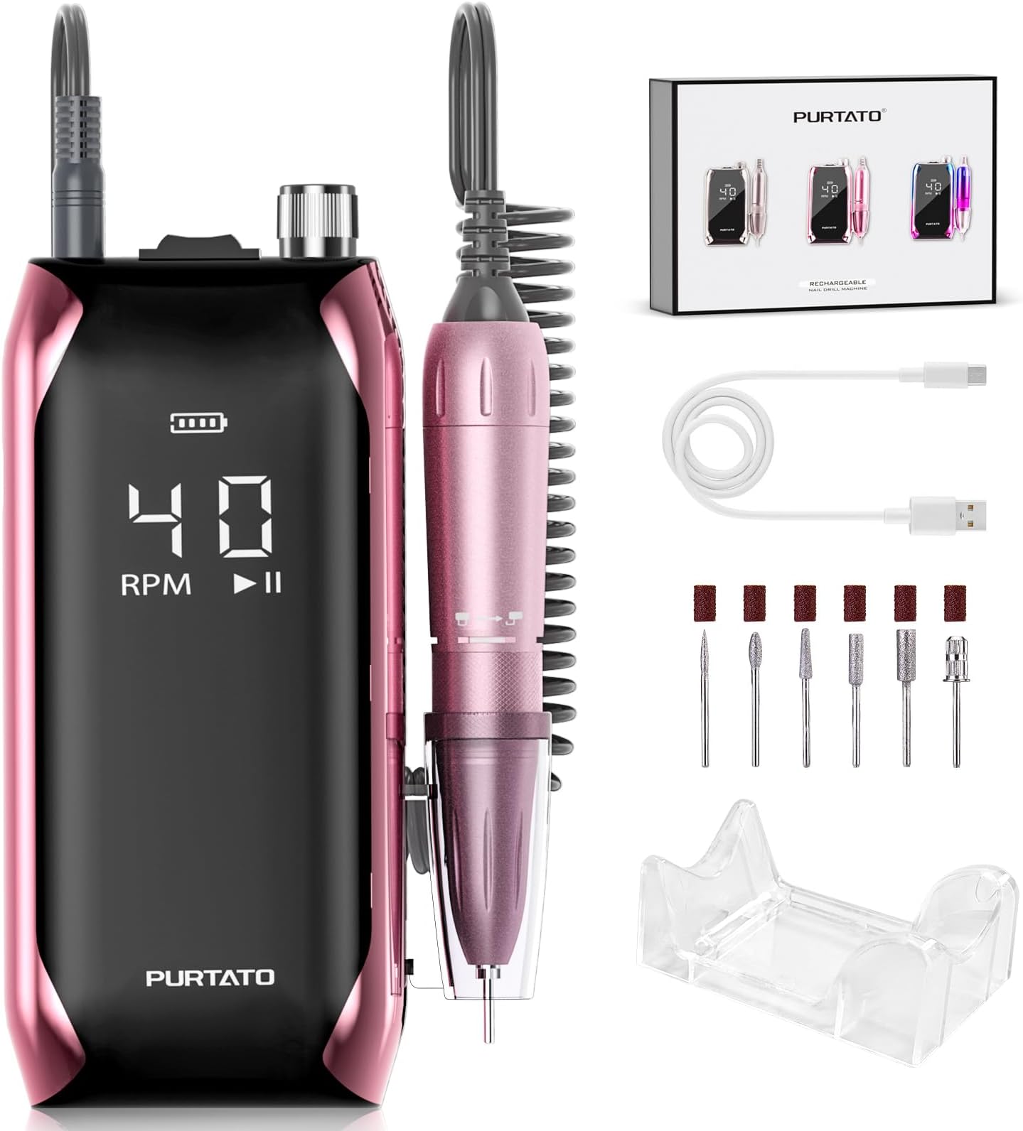 Amazon.com: PURTATO Professional Nail Drill 40,000 RPM, Rechargeable,LCD Display E File Machine ...