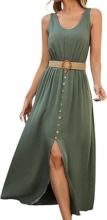Amazon.com: Women Casual Sleeveless A-Line Maxi Tank Dress Summer Slit ...