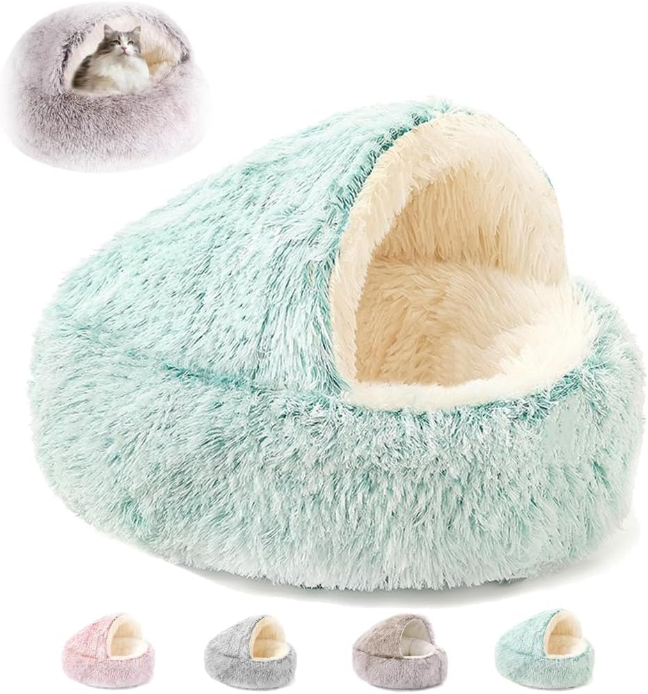 Amazon.com : Lapcatz Nest Bed, Cat Bed Round Plush Fluffy Hooded Cat ...