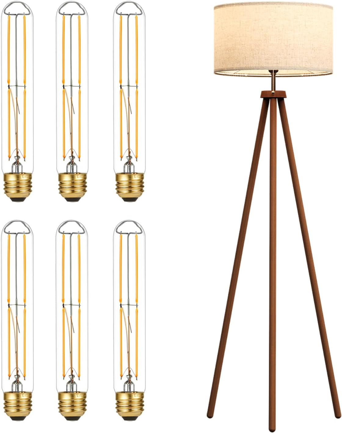 Bundle of Long T10 LED Bulb 60 watt and Brown Wood Tripod Floor Lamps ...