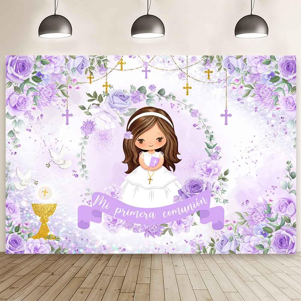 MEHOFOND 7x5ft Mi Primera Comunion Backdrop Pastel Purple Floral ...