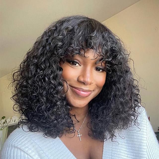 Amazon.com : Besteffie Short Curly Wigs Human Hair 12 Inch Water Wave ...