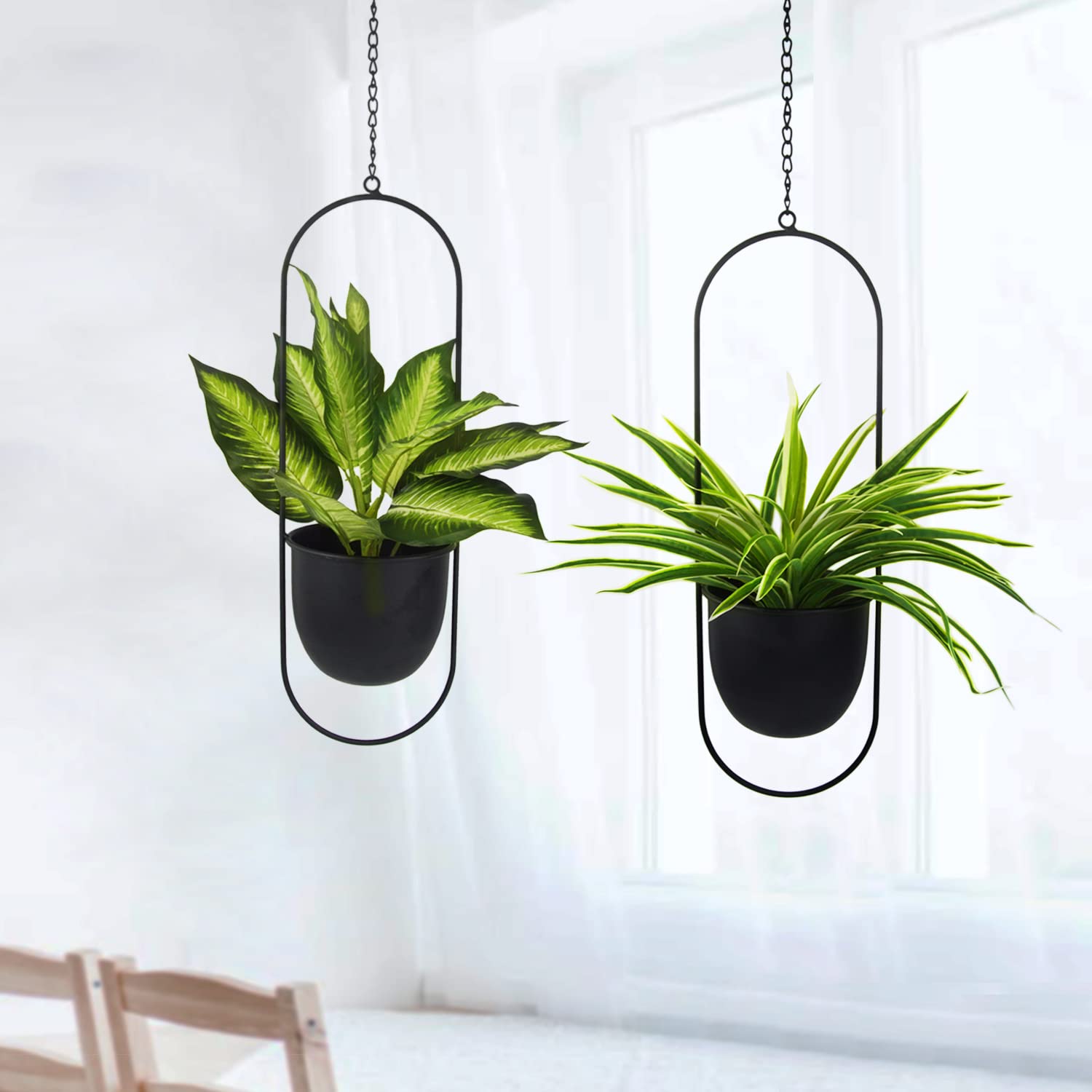 HemePaha Metal Hanging Planters, Set of 2 Black Oval Geometric Plant ...