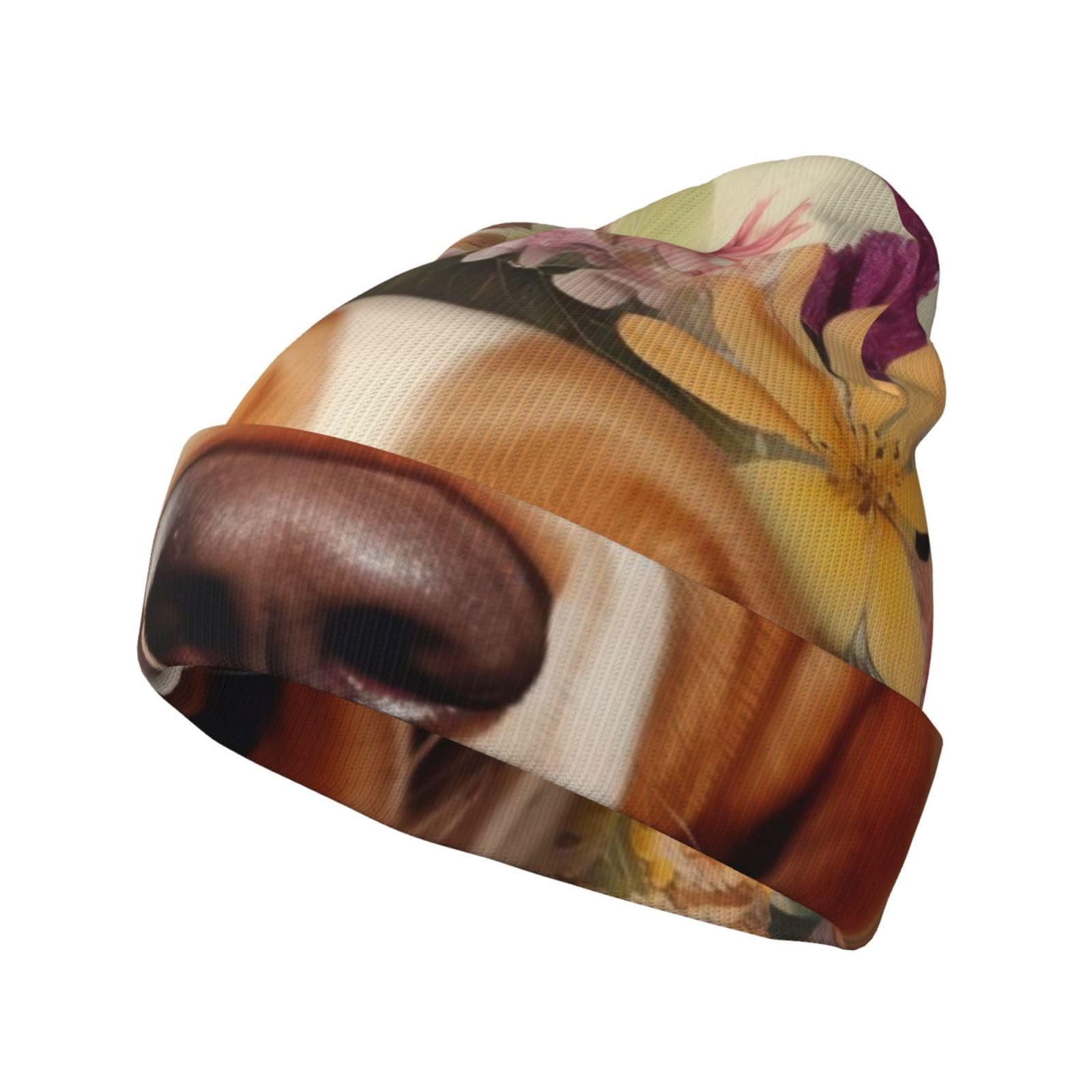 남성용 겨울 비니 여성용 비니 부드럽고 따뜻한 니트 모자 스키 스타킹 커프 캡 스윗 바셋 하운드 플로럴 블랙 Kr