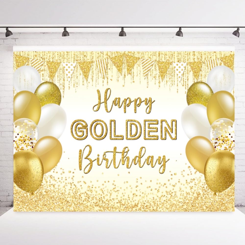 Amazon.com : INRUI Happy Golden Birthday Photography Background Golden ...