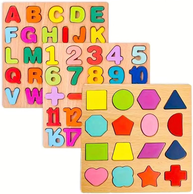 WISHKEY Wooden 3D Capital Alphabets, Numbers, and Shapes Board Puzzle ...